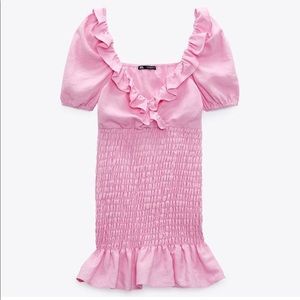 Zara | Dresses | Zara Linen Ruffle Dress Stretchy Pink | Poshmark